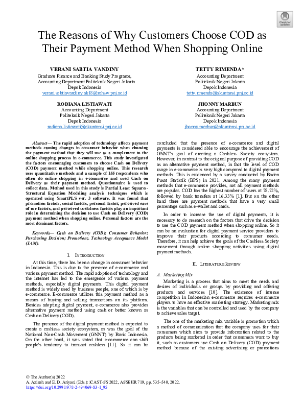 (PDF) The Reasons of Why Customers Choose COD as Their Payment Method ...