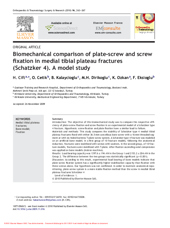 (PDF) Biomechanical comparison of plate-screw and screw fixation in medial tibial plateau ...