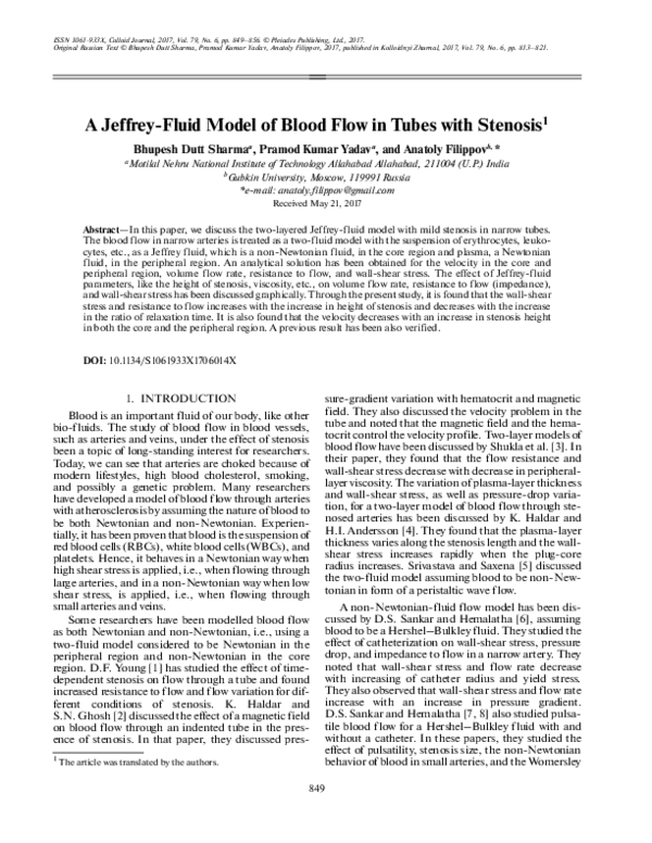 (PDF) A Jeffrey-fluid model of blood flow in tubes with stenosis