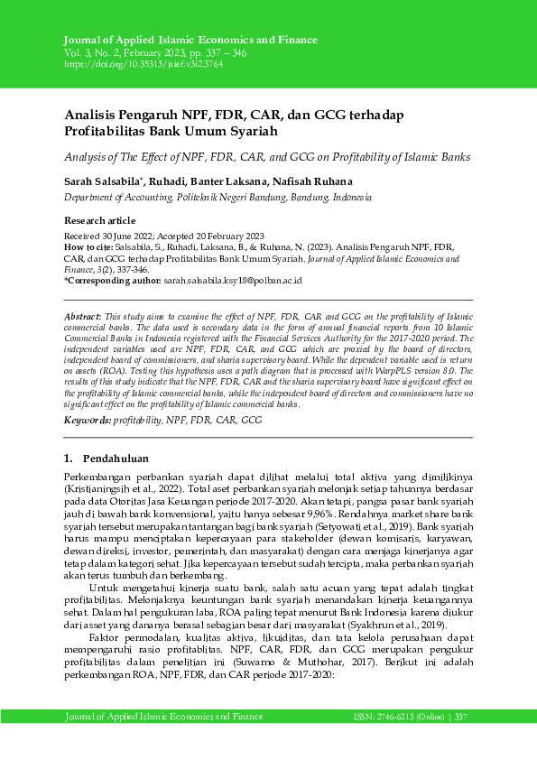 (PDF) Analisis Pengaruh NPF, FDR, CAR, dan GCG terhadap Profitabilitas ...