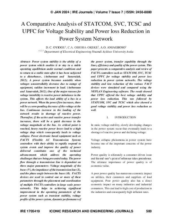 Pdf A Comparative Analysis Of Statcom Svc Tcsc And Upfc For Voltage