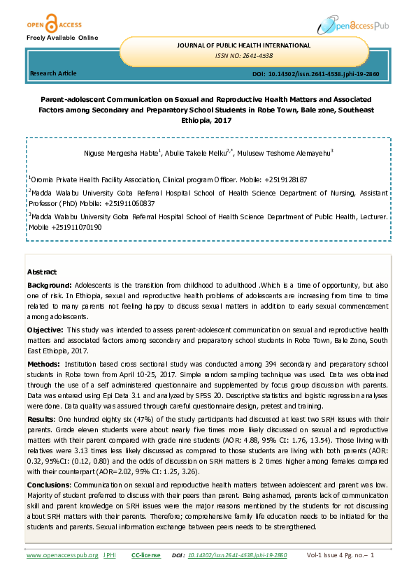 (PDF) Parent-adolescent Communication on Sexual and Reproductive Health Matters and Associated ...