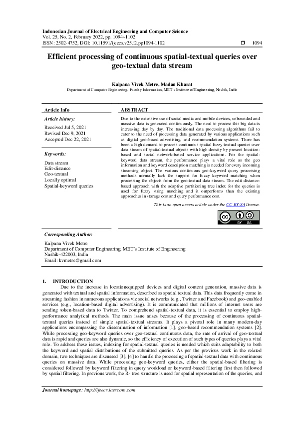 (PDF) Efficient processing of continuous spatial-textual queries over geo-textual data stream