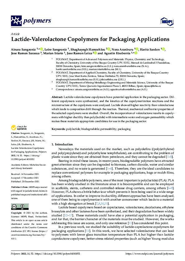 (PDF) Lactide-Valerolactone Copolymers for Packaging Applications