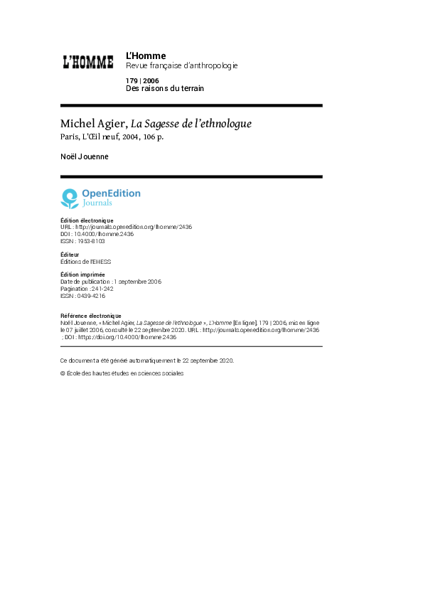 (PDF) Michel Agier, La Sagesse de l’ethnologue. Paris, L’Œil neuf, 2004 ...