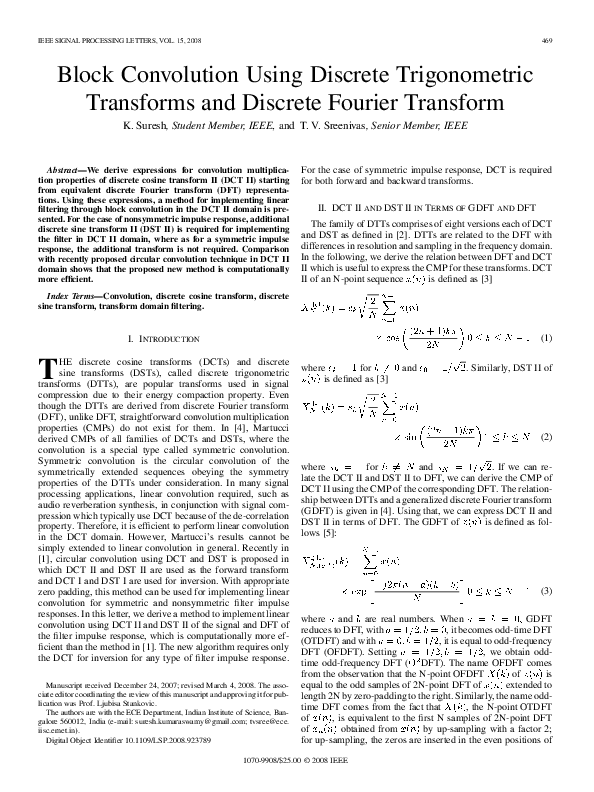 Pdf Block Convolution Using Discrete Trigonometric Transforms And Discrete Fourier Transform