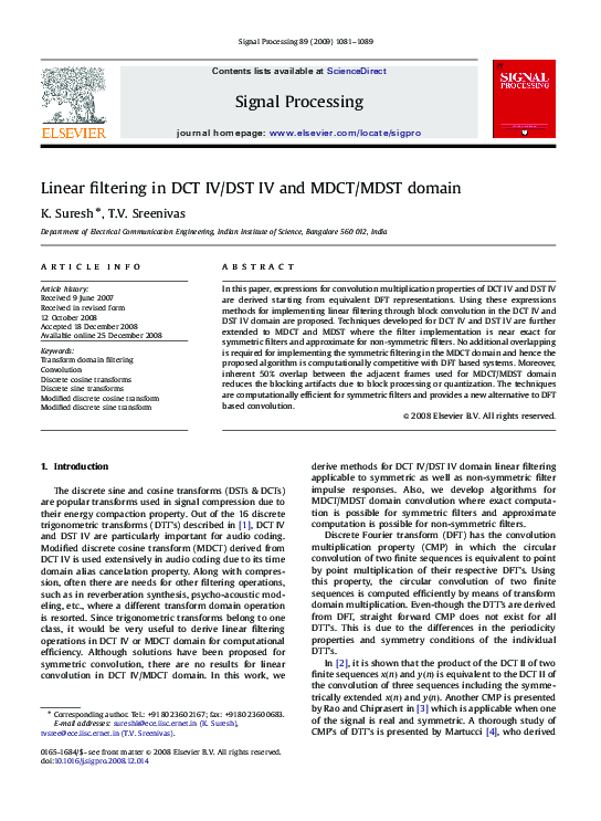 (PDF) Linear filtering in DCT IV/DST IV and MDCT/MDST domain