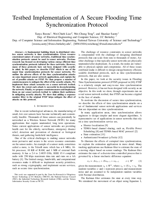 Pdf Testbed Implementation Of A Secure Flooding Time Synchronization
