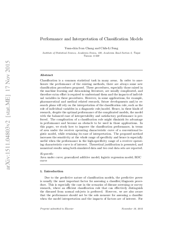 (PDF) Performance and Interpretation of Classification Models