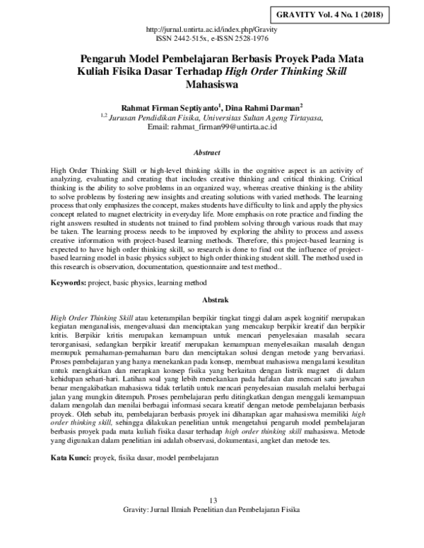 (PDF) Pengaruh Model Pembelajaran Berbasis Proyek Pada Mata Kuliah Fisika Dasar Terhadap High ...