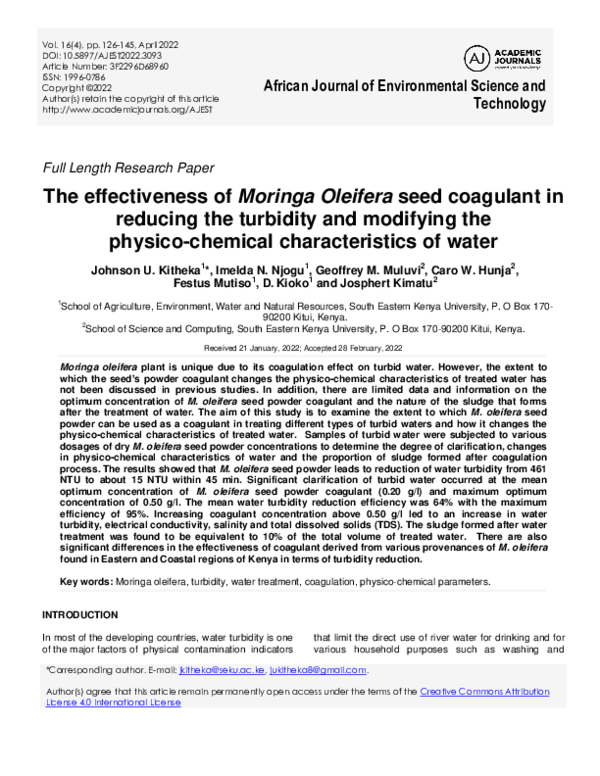 (PDF) The effectiveness of Moringa Oleifera seed coagulant in reducing the turbidity and ...