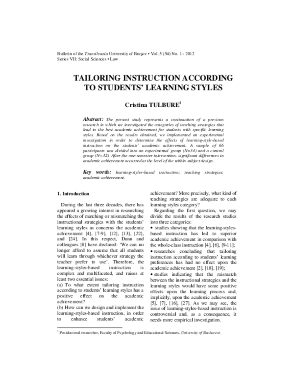 (PDF) Tailoring Instruction According to Students' Learning Styles
