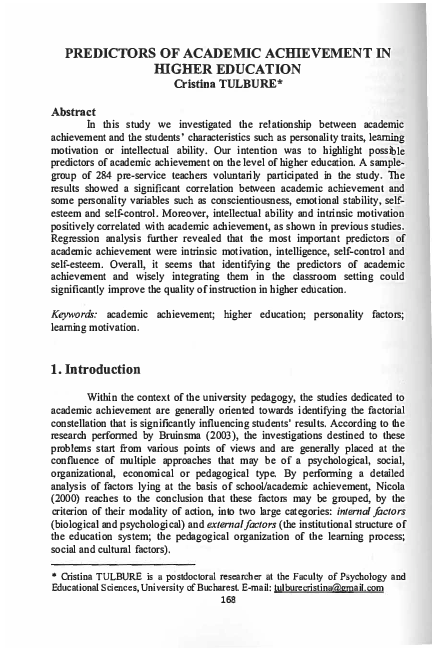 (PDF) Predictors of academic achievement in higher education