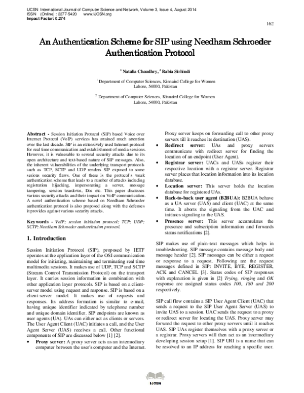 Pdf Enhanced Sip Security Via Needham Schroeder Authentication