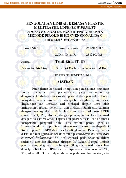 (PDF) Pengolahan Limbah Kemasan Plastik Multilayer Ldpe (Low Density Polyethilene) Dengan ...