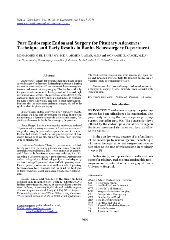 (PDF) Pure Endoscopic Endonasal Surgery for Pituitary Adenomas: Technique and Early Results in ...