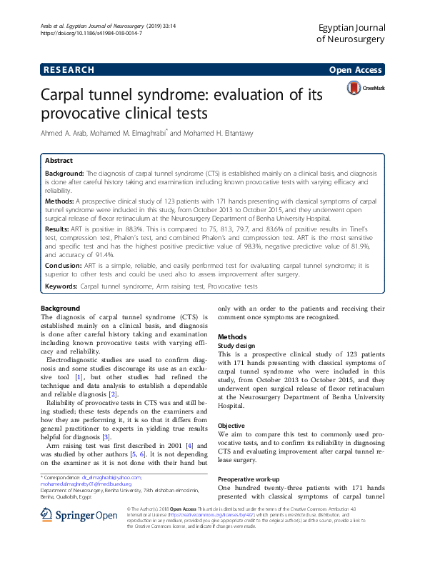 (PDF) Carpal tunnel syndrome: evaluation of its provocative clinical tests