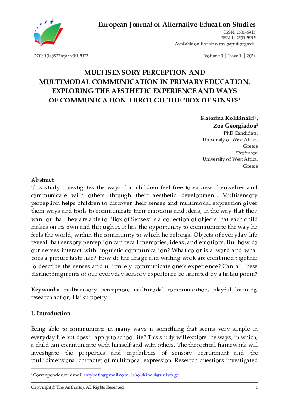 (PDF) MULTISENSORY PERCEPTION AND MULTIMODAL COMMUNICATION IN PRIMARY ...