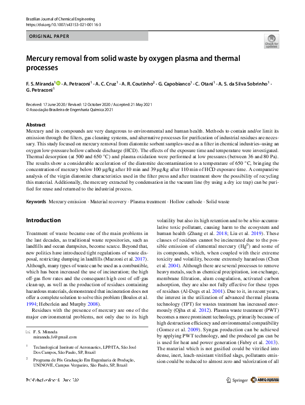 (PDF) Mercury removal from solid waste by oxygen plasma and thermal ...