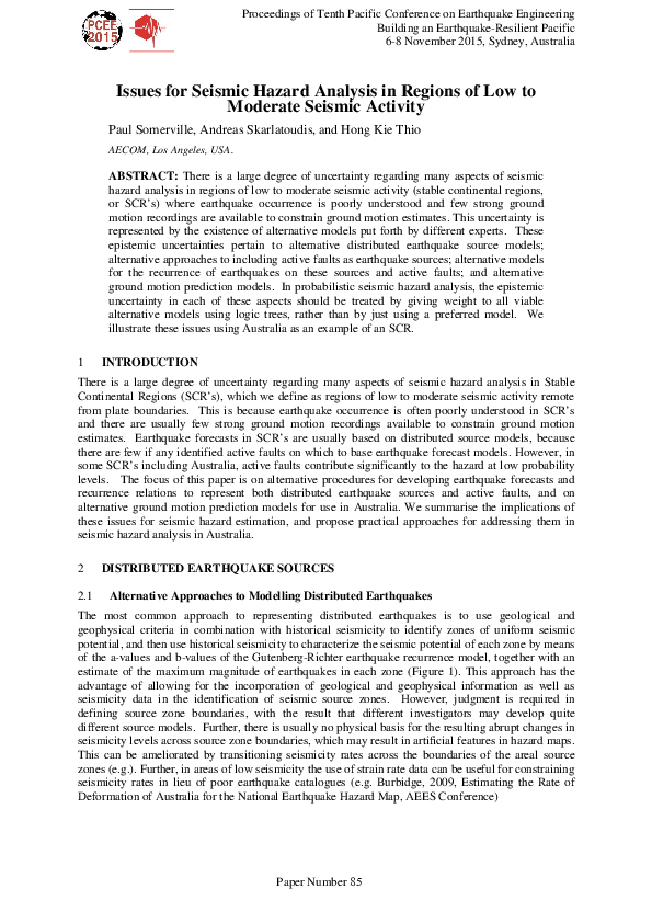 (PDF) Issues for Seismic Hazard Analysis in Regions of Low to Moderate ...