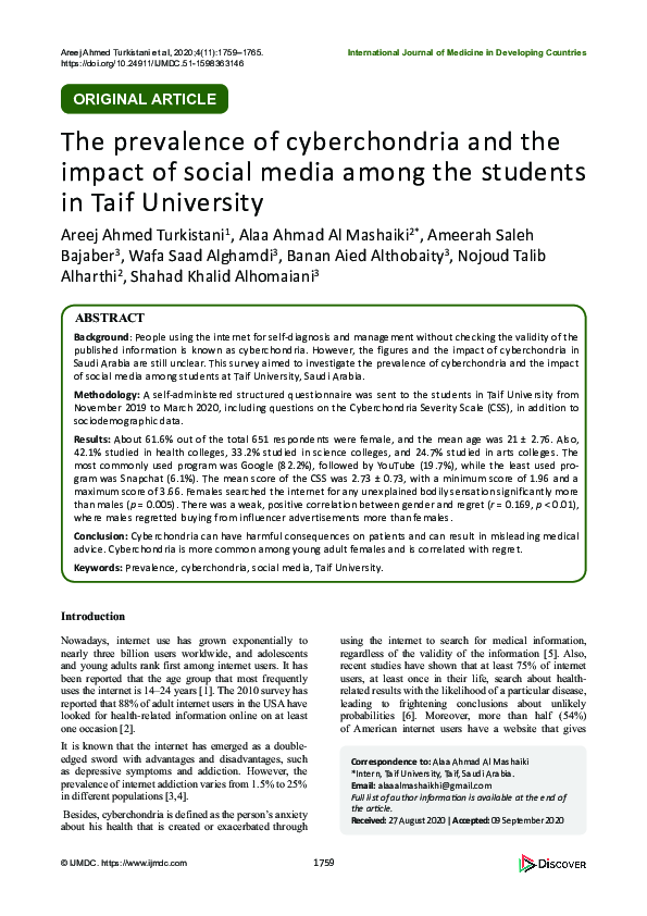 (PDF) The prevalence of cyberchondria and the impact of social media ...