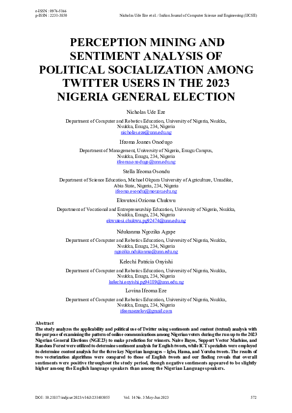 (PDF) Perception Mining and Sentiment Analysis of Political ...