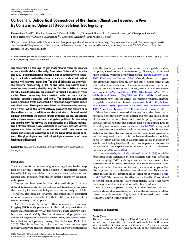 (PDF) Cortical and Subcortical Connections of the Human Claustrum ...