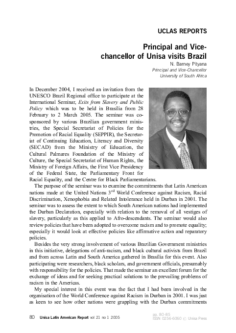 (PDF) Principal and Vice-chancellor of Unisa, visits Brazil | Barney ...