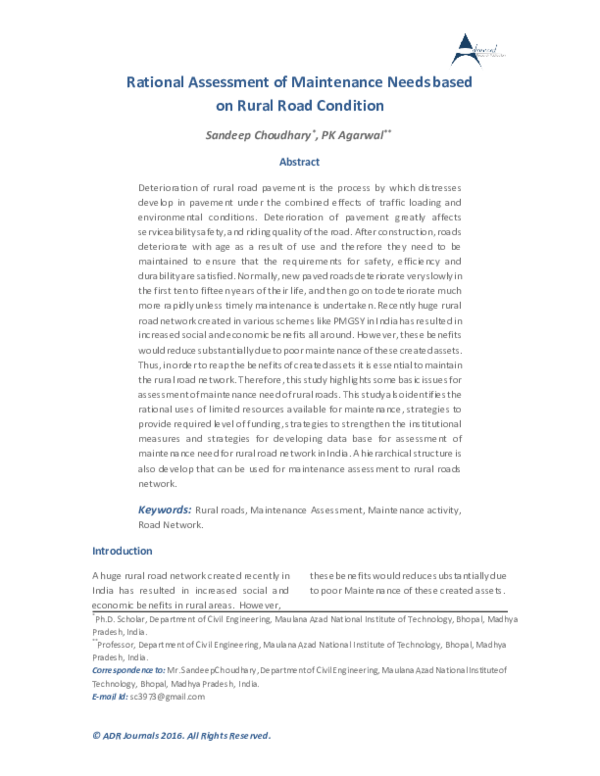 (PDF) Rational Assessment of Maintenance Needs based on Rural Road ...