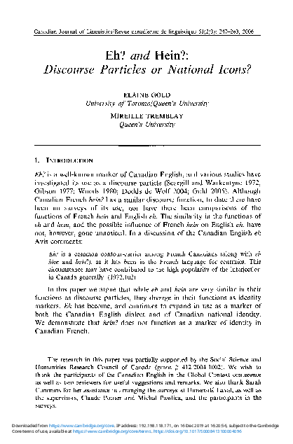 (PDF) Eh? and Hein?: Discourse Particles or National Icons?