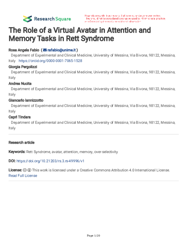 (PDF) The Role of a Virtual Avatar in Attention and Memory Tasks in Rett Syndrome