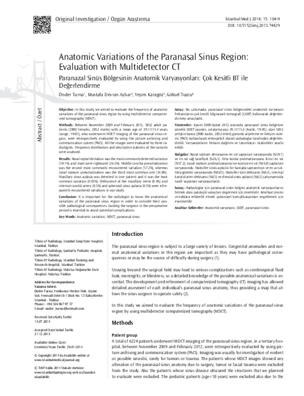 (PDF) Anatomic Variations of the Paranasal Sinus Region: Evaluation ...