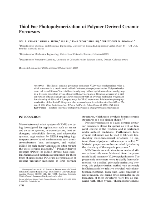(PDF) Thiol-ene photopolymerization of polymer-derived ceramic precursors
