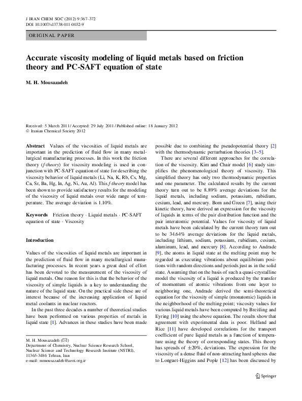 (PDF) Accurate viscosity modeling of liquid metals based on friction theory and PC-SAFT equation ...