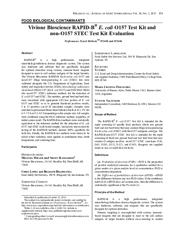 (PDF) Vivione Bioscience RAPID-B(®) E. coli O157 Test Kit and non-O157 ...