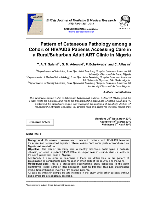 (PDF) Pattern of Cutaneous Pathology among a Cohort of HIV/AIDS ...