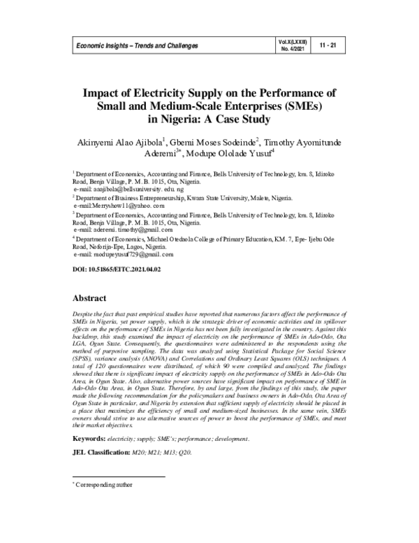 (PDF) Impact of Electricity Supply on the Performance of Small and Medium-Scale Enterprises ...