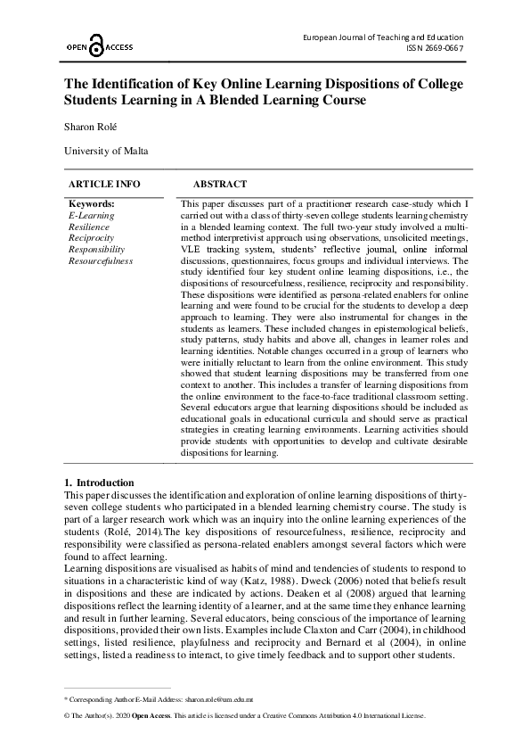 (PDF) The Identification of Key Online Learning Dispositions of College Students Learning in A ...