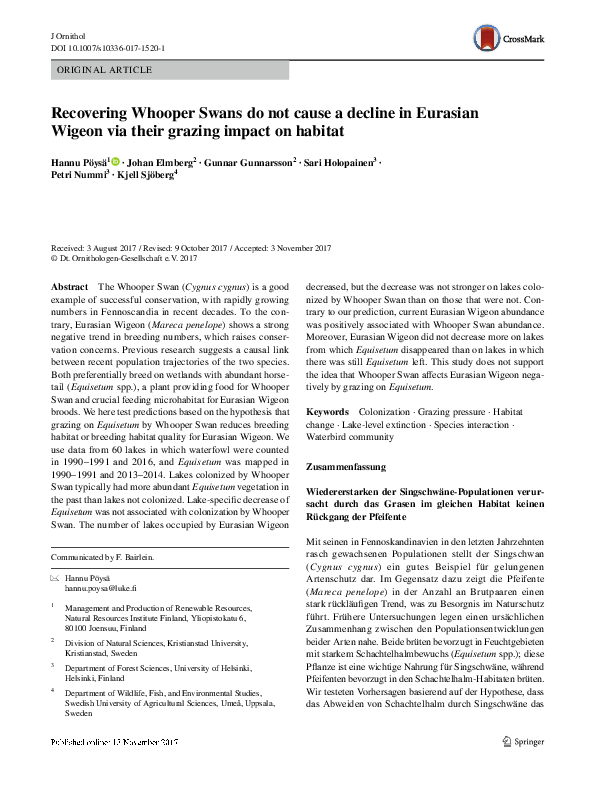 (PDF) Recovering Whooper Swans do not cause a decline in Eurasian ...