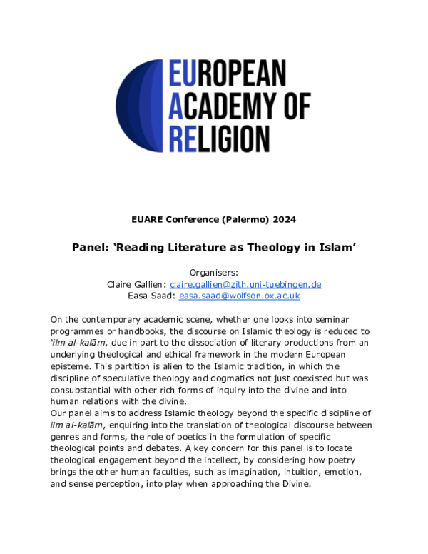 (PDF) Panel: 'Reading Literature as Theology in Islam'