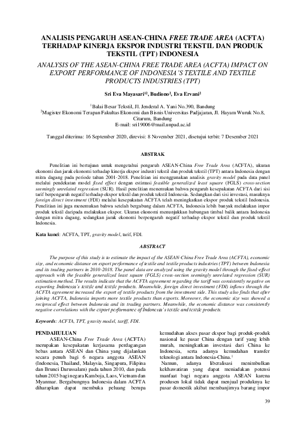 (PDF) Analisis Pengaruh Asean-China Free Trade Area (Acfta) Terhadap Kinerja Ekspor Industri ...