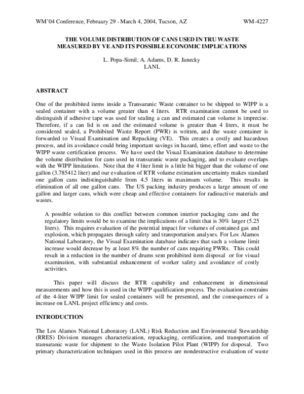 (PDF) The Volume Distribution of Cans Used in Tru Waste Measured by Ve ...