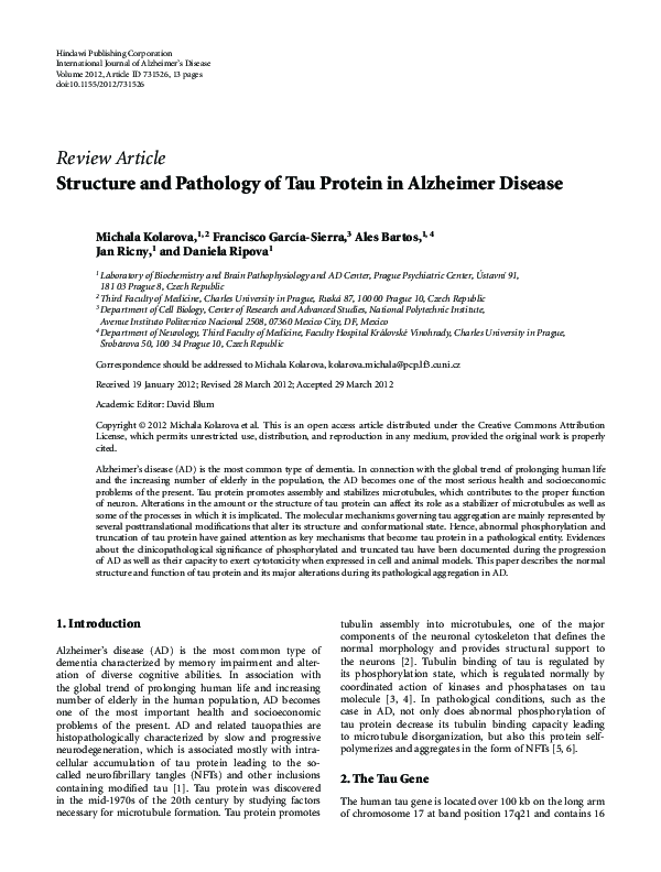 (PDF) Structure and Pathology of Tau Protein in Alzheimer Disease