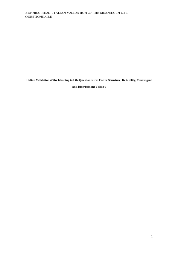 (PDF) Italian Validation of the Meaning in Life Questionnaire: Factor Structure, Reliability ...