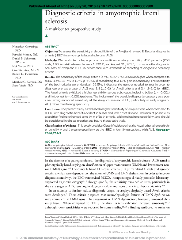 (PDF) Diagnostic criteria in amyotrophic lateral sclerosis