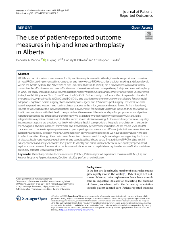 (PDF) The use of patient-reported outcome measures in hip and knee arthroplasty in Alberta ...