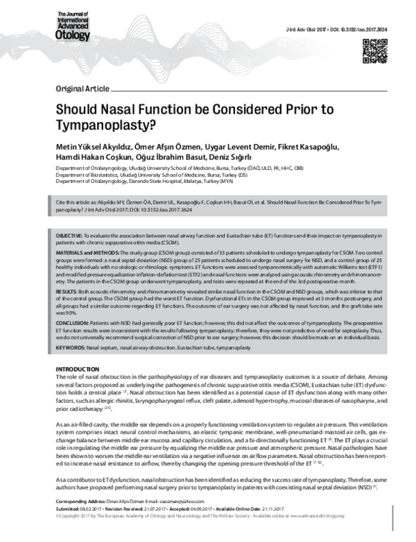 (PDF) Should Nasal Function be Considered Prior to Tympanoplasty?