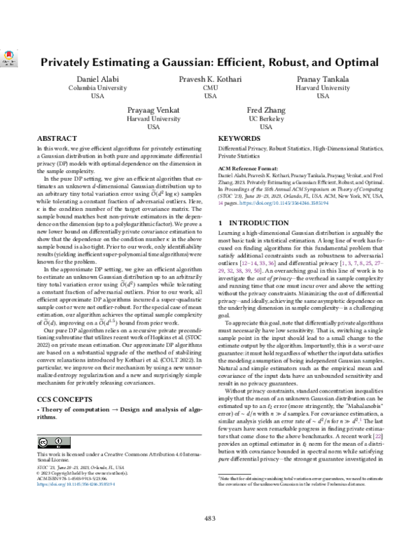 (PDF) Privately Estimating a Gaussian: Efficient, Robust, and Optimal