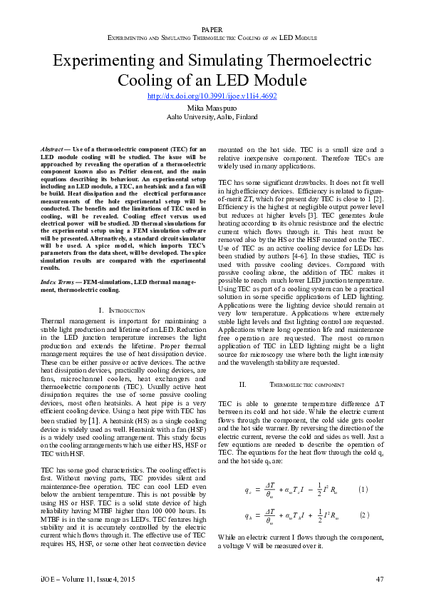 (PDF) Experimenting and Simulating Thermoelectric Cooling of an LED Module