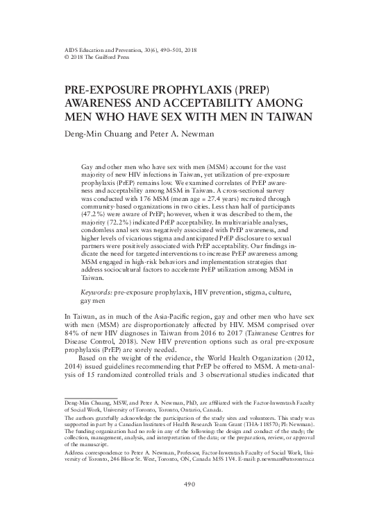 Pdf Pre Exposure Prophylaxis Prep Awareness And Acceptability Among Men Who Have Sex With